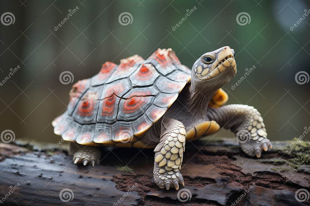 Turtle with Patterned Shell Basking on a Bark-covered Log Stock ...