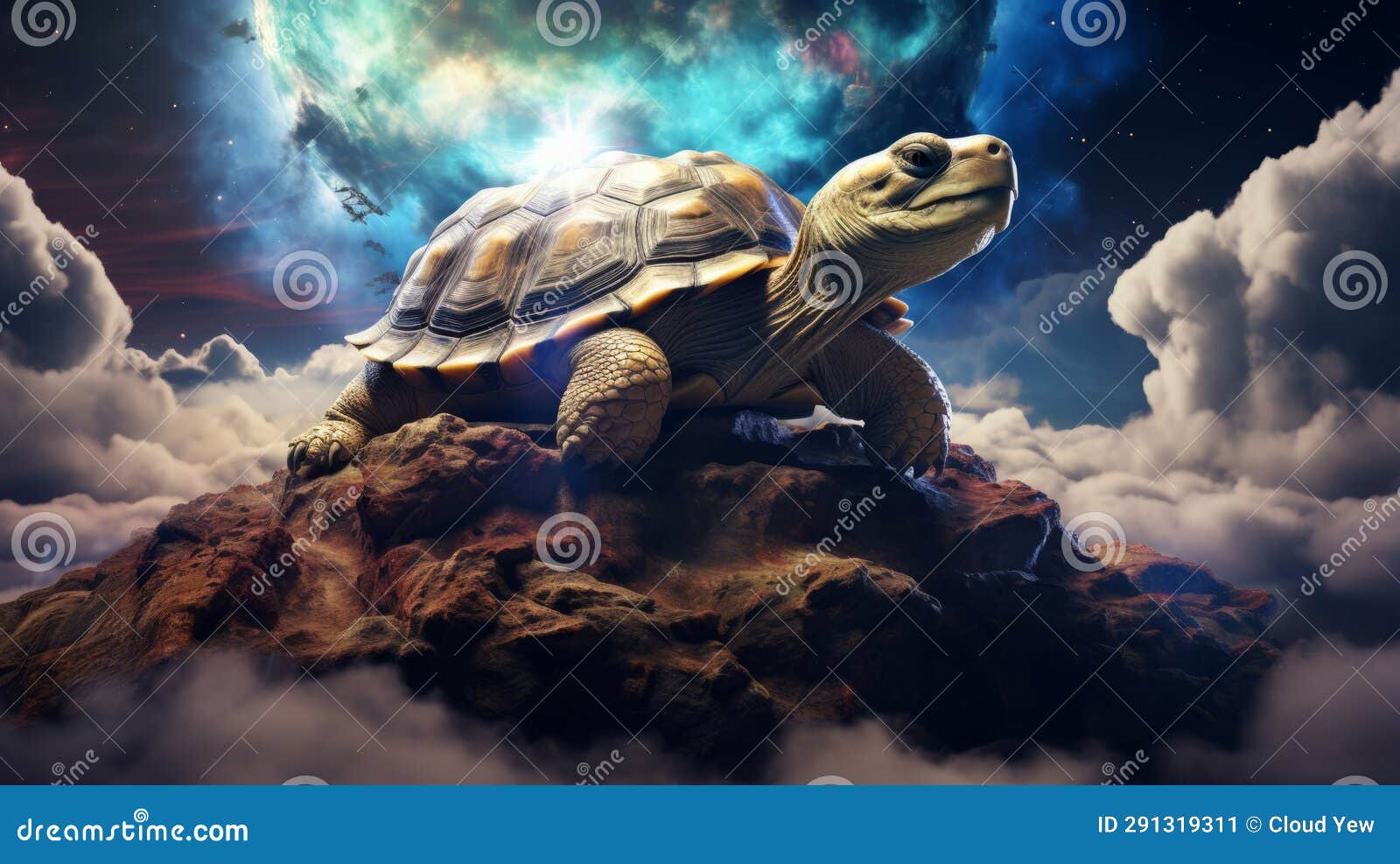 Turtle Perched on a Rock in a Dreamy Cloud Filled Sky Stock ...