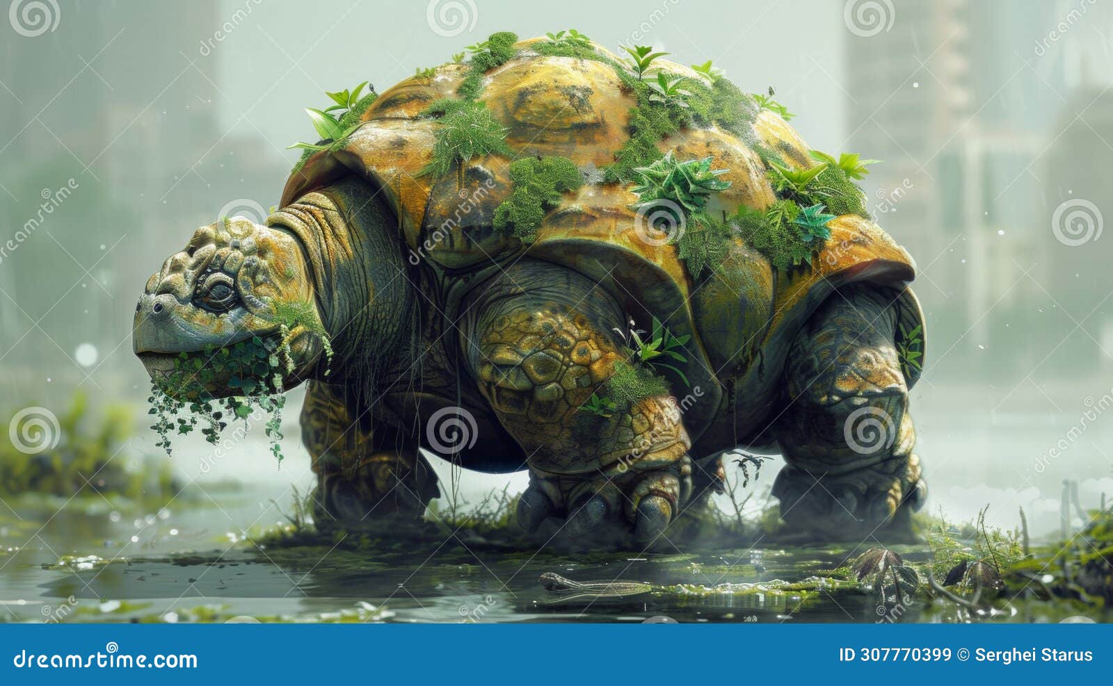 A Turtle with Plants Growing on Its Back in a Swamp, AI Stock Image ...