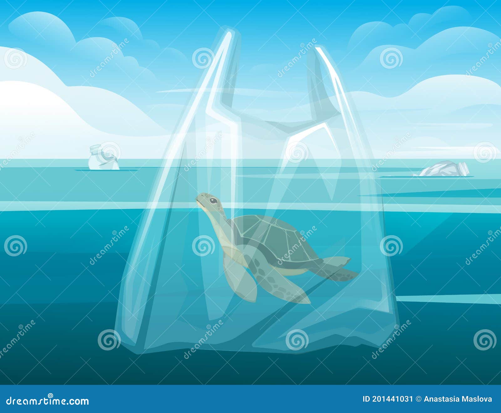 Turtle In Plastic Bag Abstract Illustration Pollution Problem Flat ...