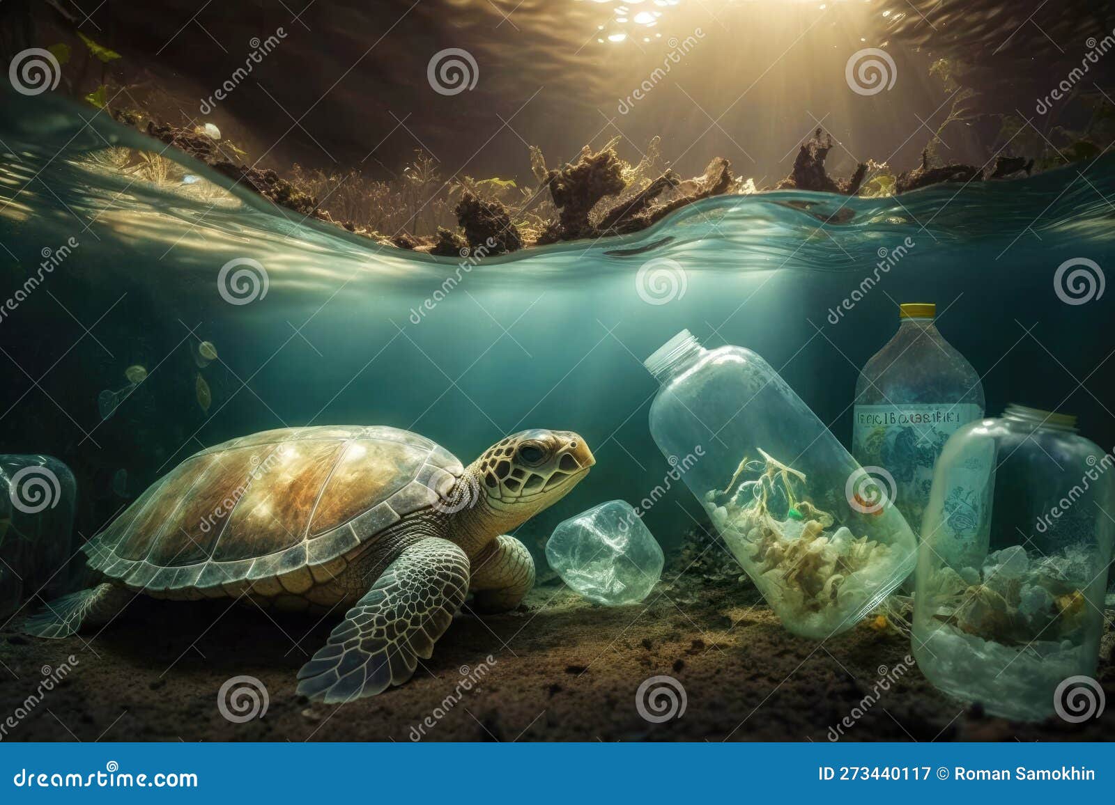 Turtle in Plastic Bag. Massive Plastic Pollution Underwater Concept ...