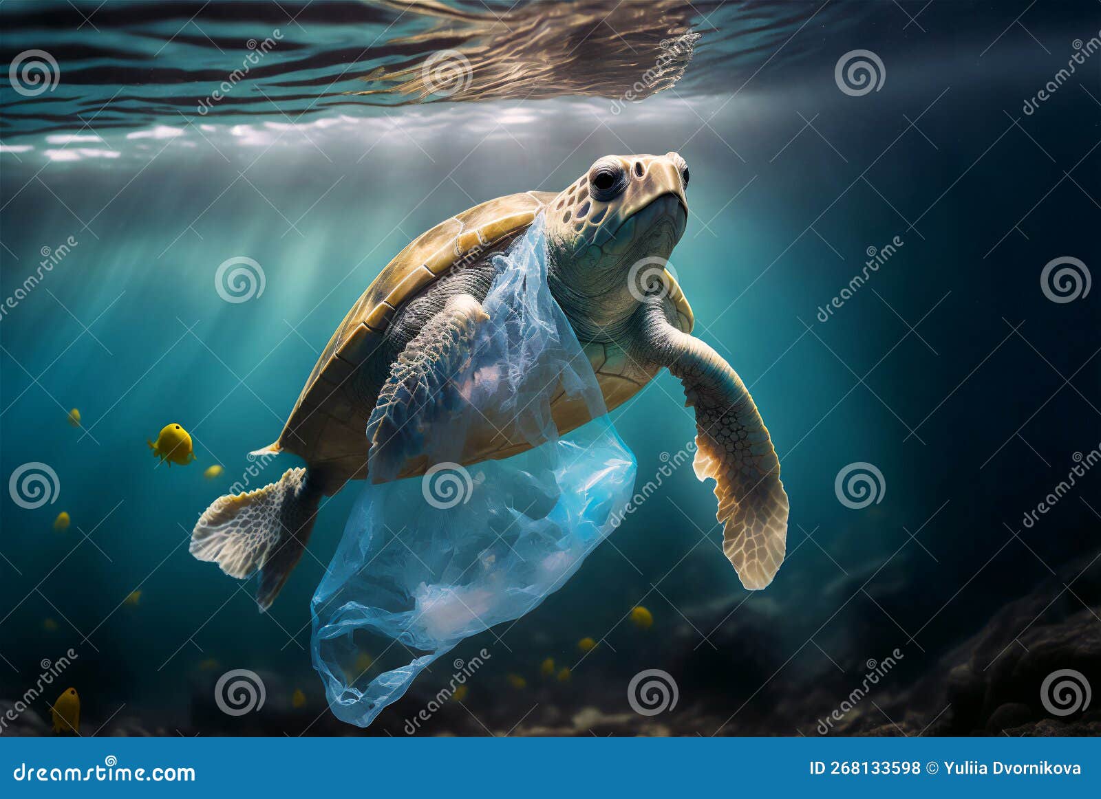 Turtle With A Plastic Bag. Ocean Plastic Pollution Concept. Generative ...