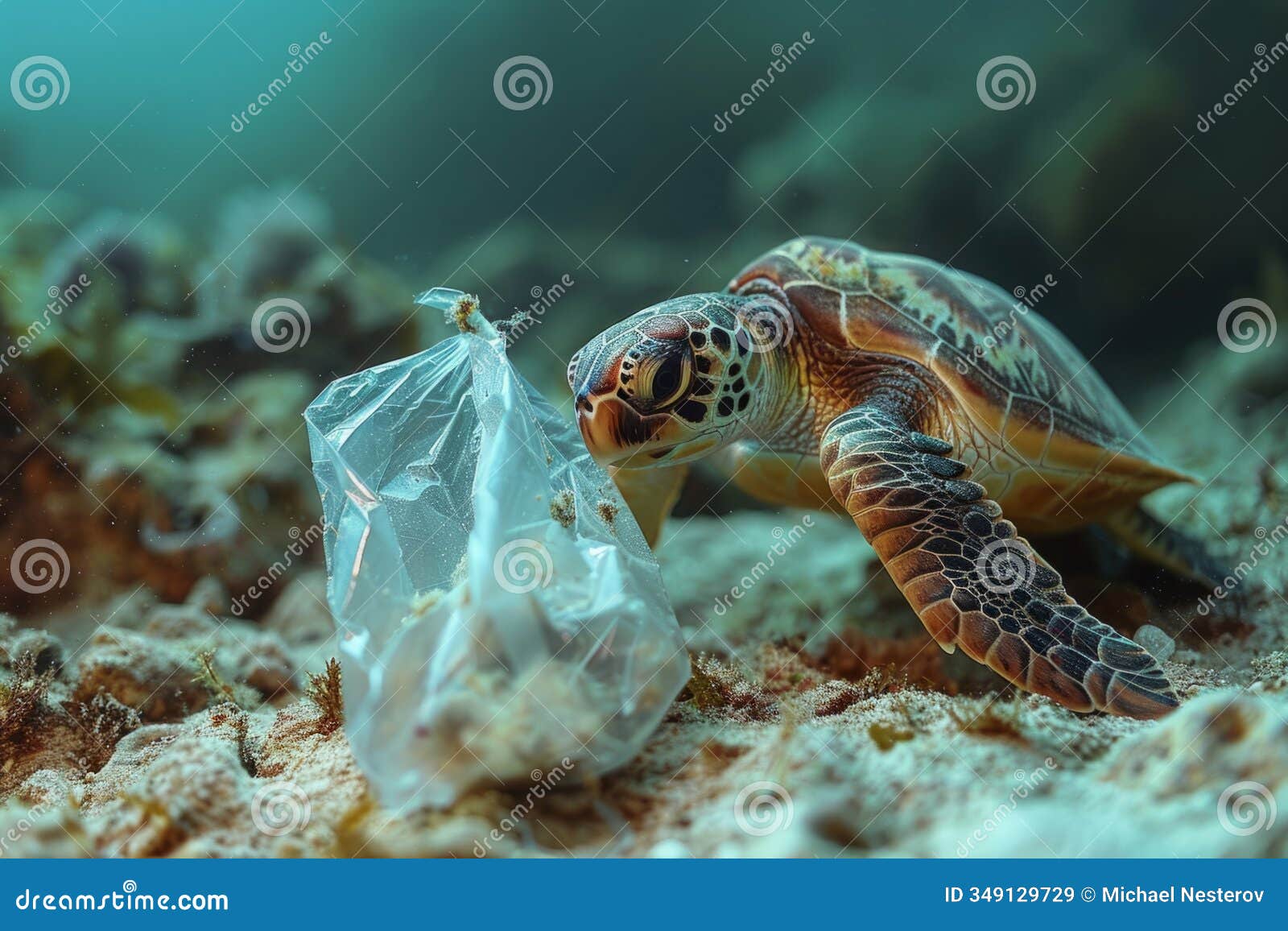 Turtle and Plastic Bag Underwater in the Ocean, Environmental Pollution ...