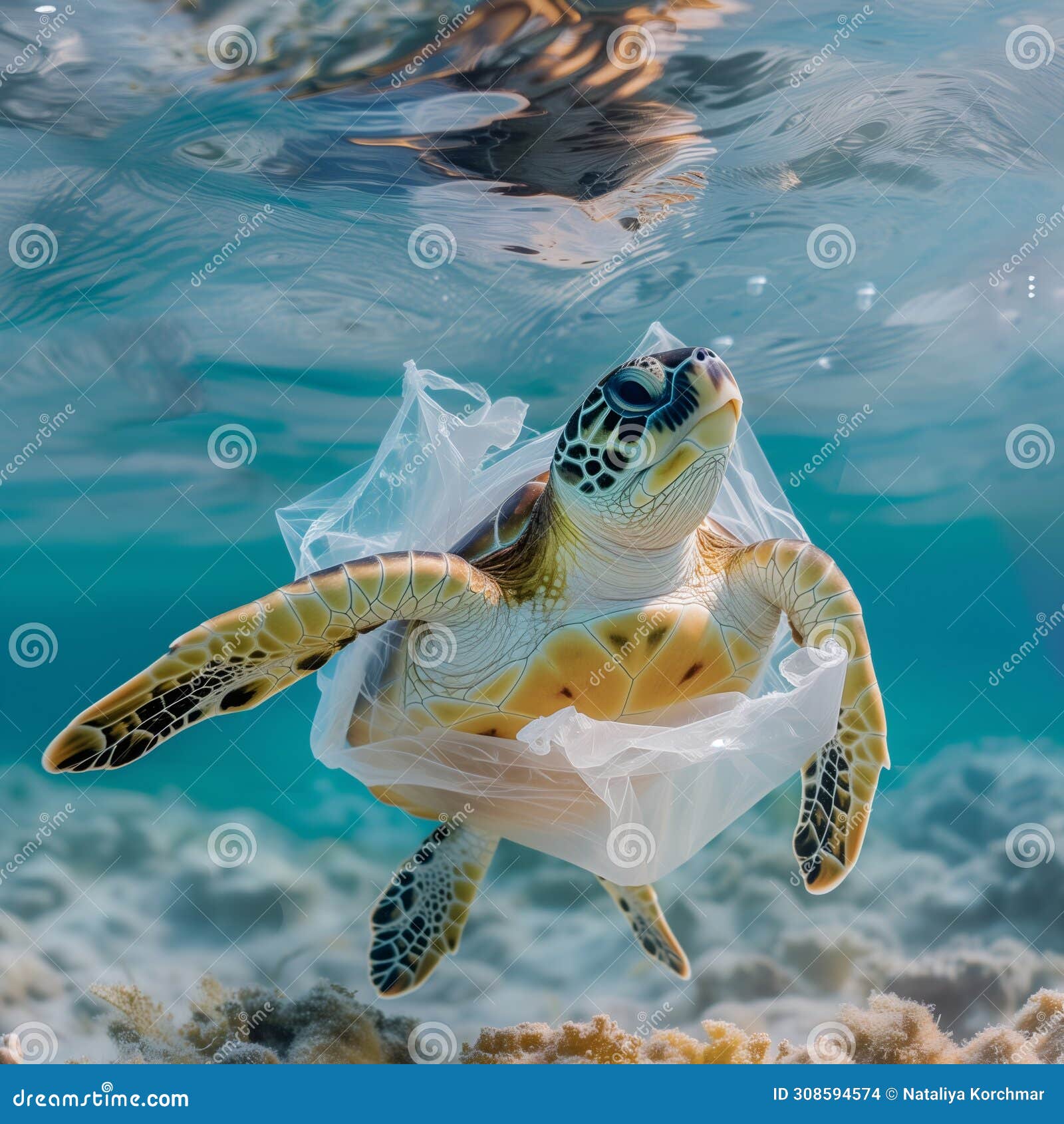 Turtle with Plastic Debris on Its Shell in the Sea. Stock Photo - Image ...