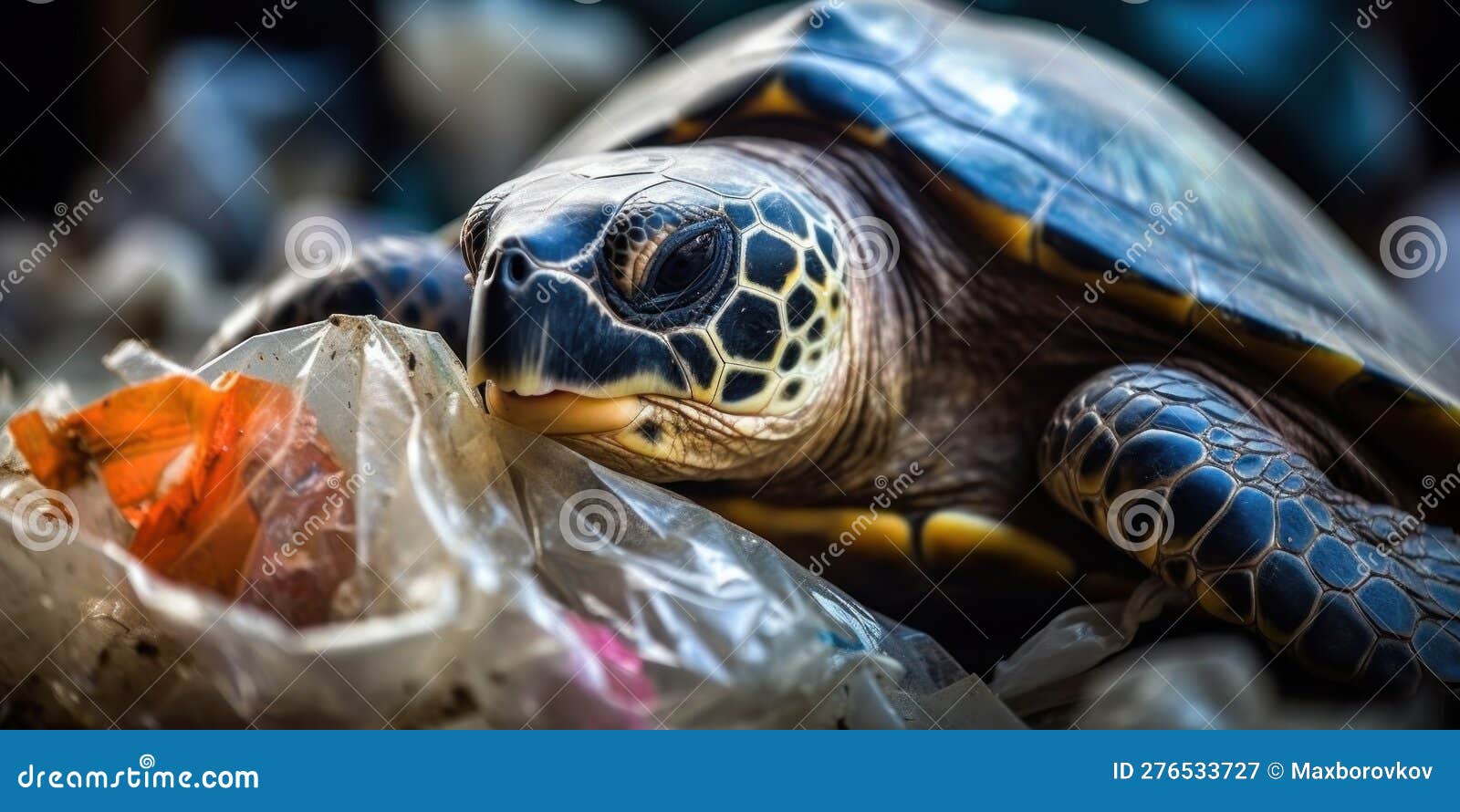 Turtle among Plastic Garbage from Ocean on the Beach during Sunset. AI ...