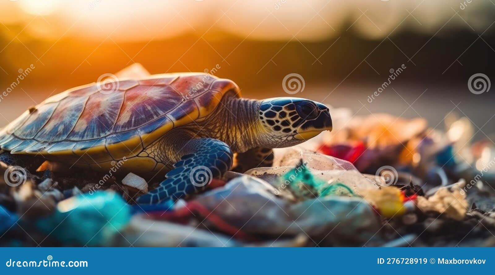 Turtle among Plastic Garbage from Ocean on the Beach during Sunset. AI ...