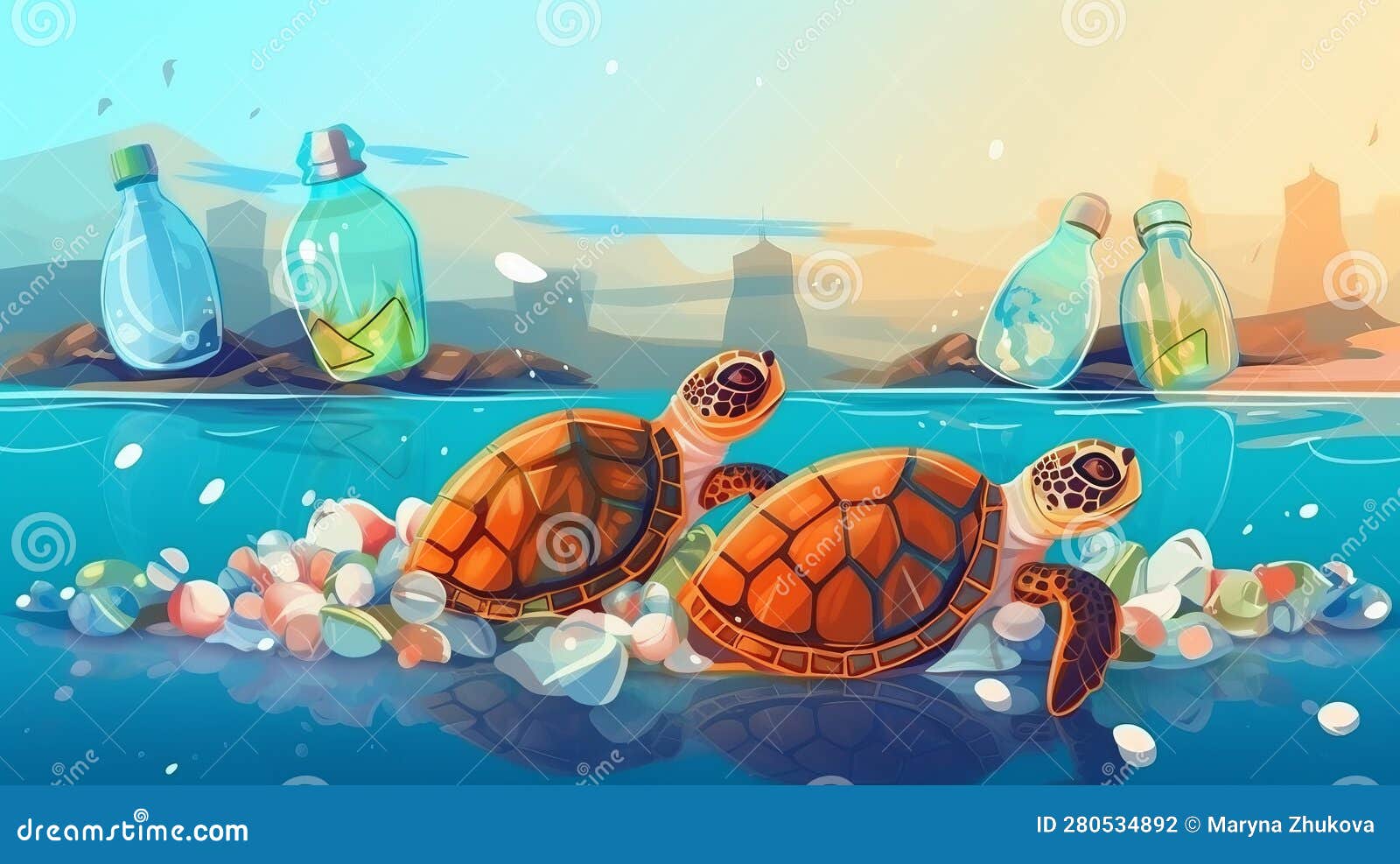 Turtle among Plastic and Garbage Pollution in the Ocean. Packages and ...