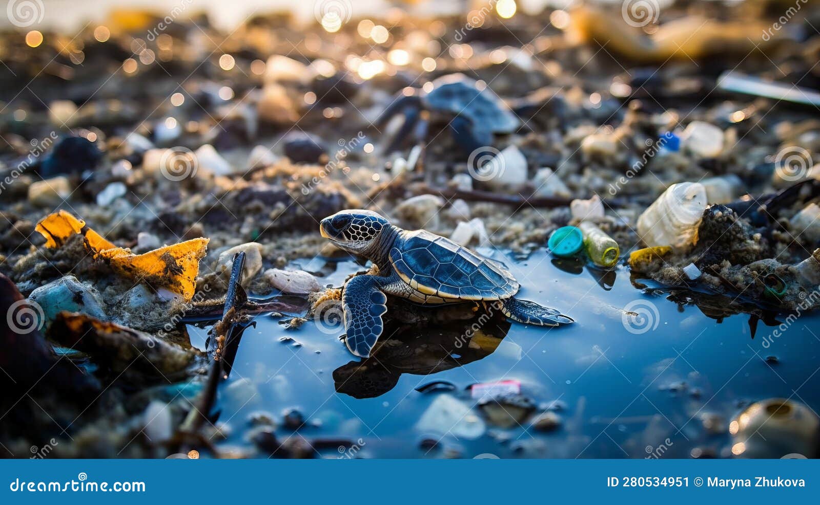 Turtle among Plastic and Garbage Pollution in the Ocean. Packages and ...