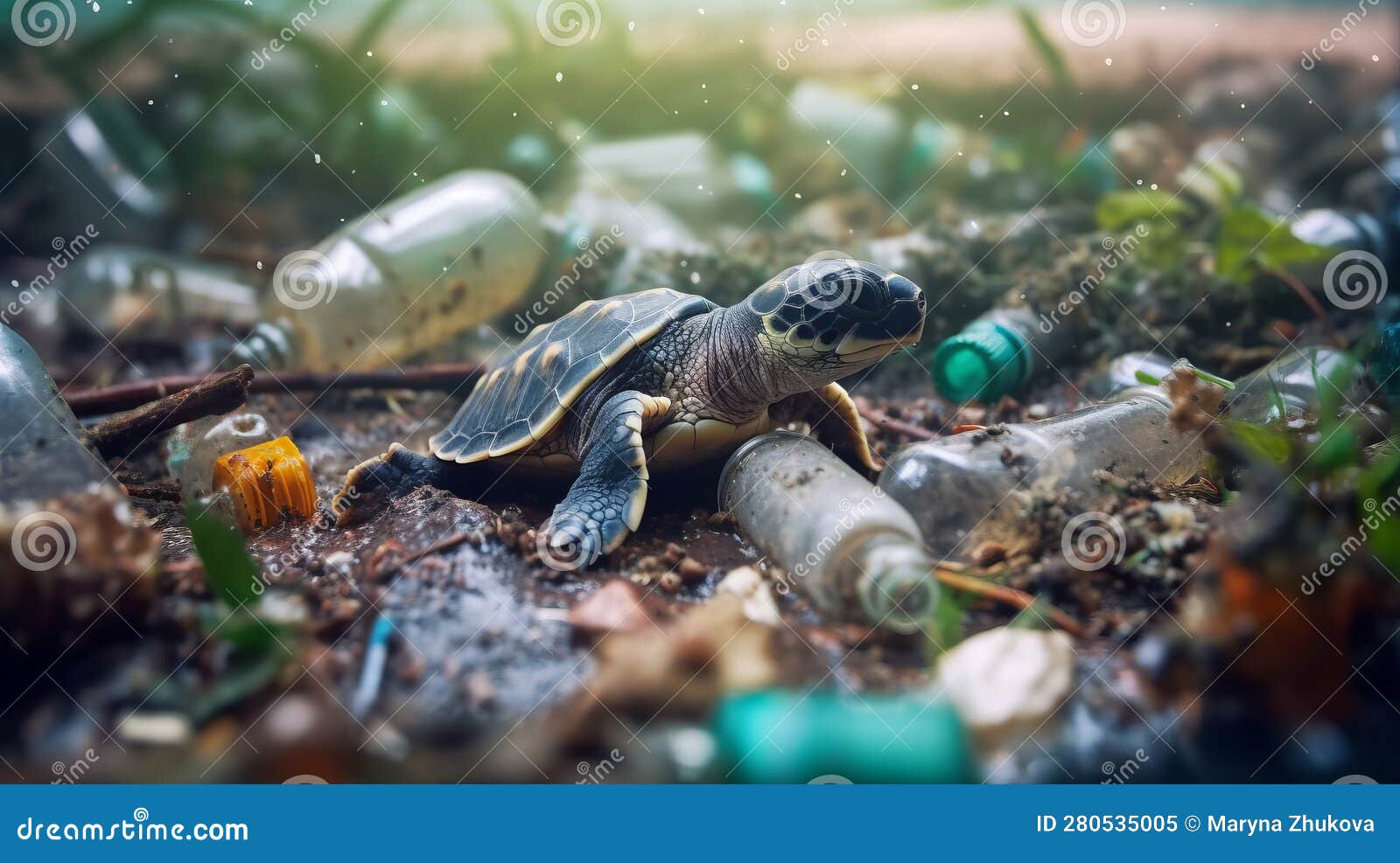 Turtle among Plastic and Garbage Pollution in the Ocean. Packages and ...
