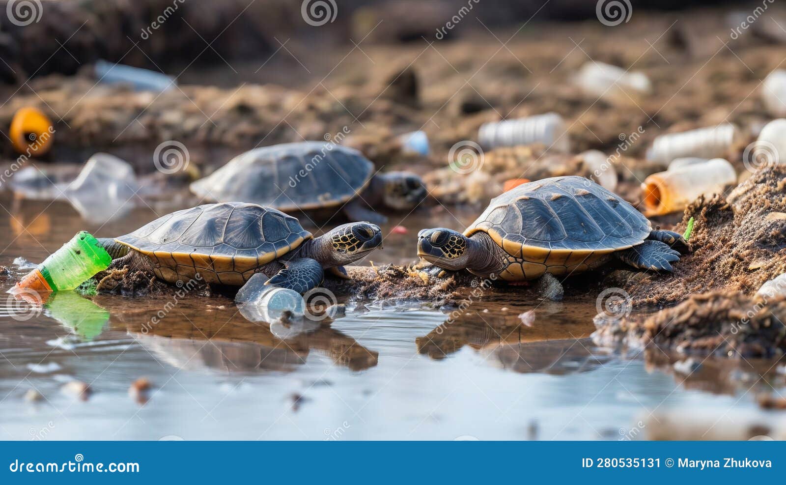 Turtle among Plastic and Garbage Pollution in the Ocean. Packages and ...