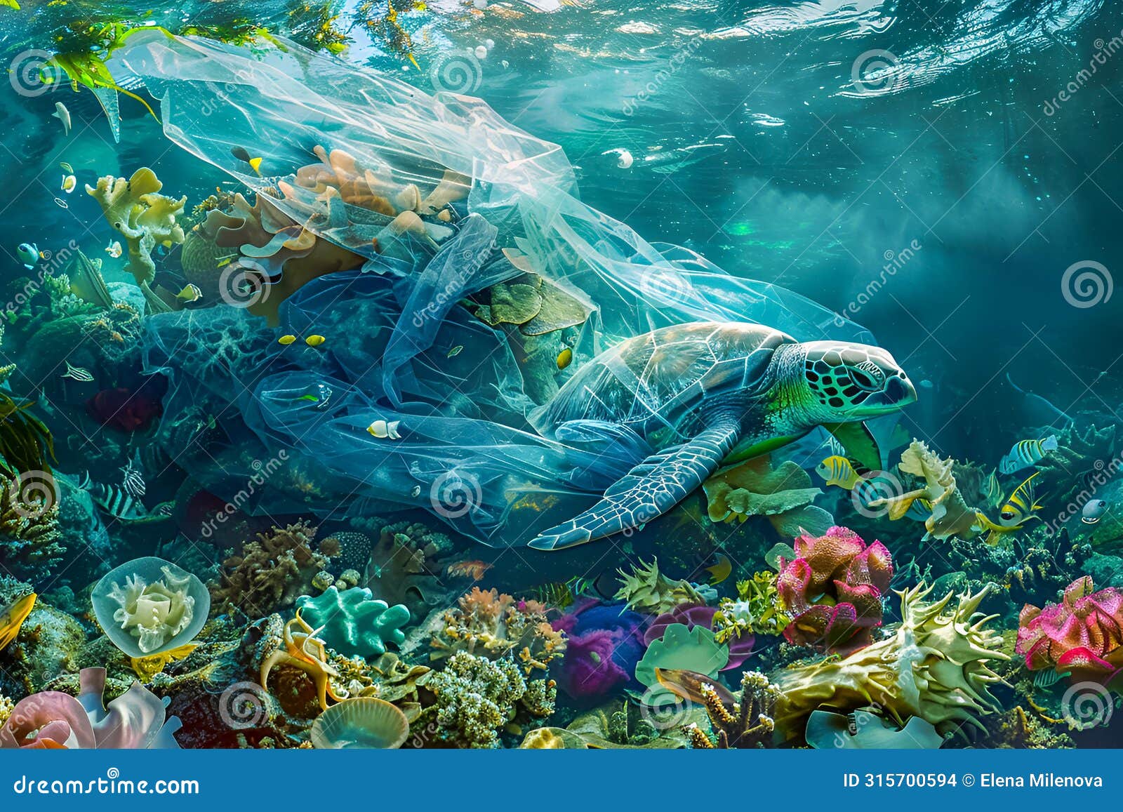 Turtle in Plastic Waste. Water Pollution Stock Photo - Image of plastic ...