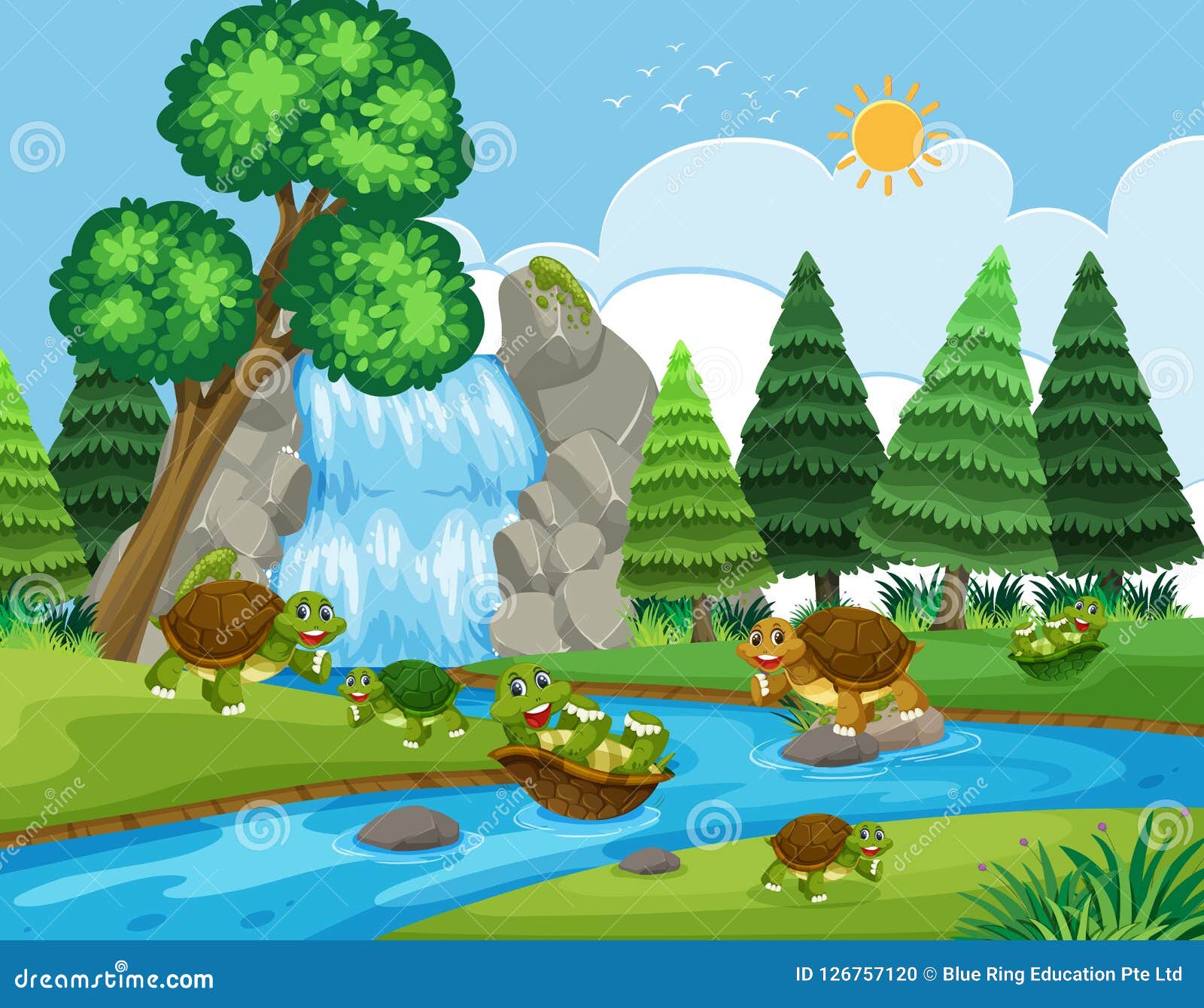 Turtle playing in river stock vector. Illustration of leaf - 126757120