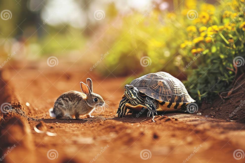 Turtle and Rabbit on Race Track. Concept Compete for Success Stock ...