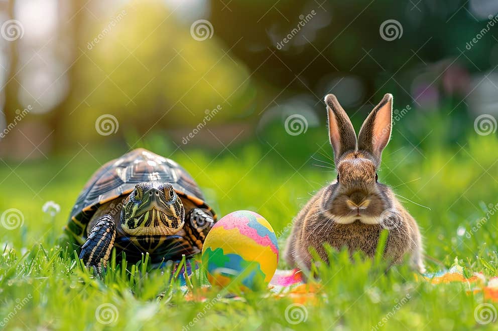 Turtle and Rabbit on Racing Track Easter Theme. Generative AI Stock ...