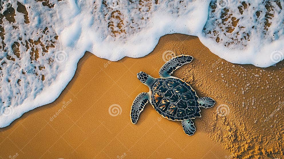 Turtle Resting on the Beach with Waves Approaching Stock Image - Image ...