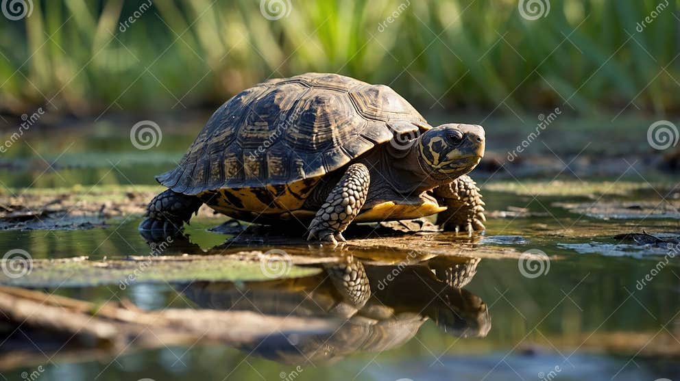 A Turtle Resting by the Water, Reflecting in the Calm Surface Amidst ...