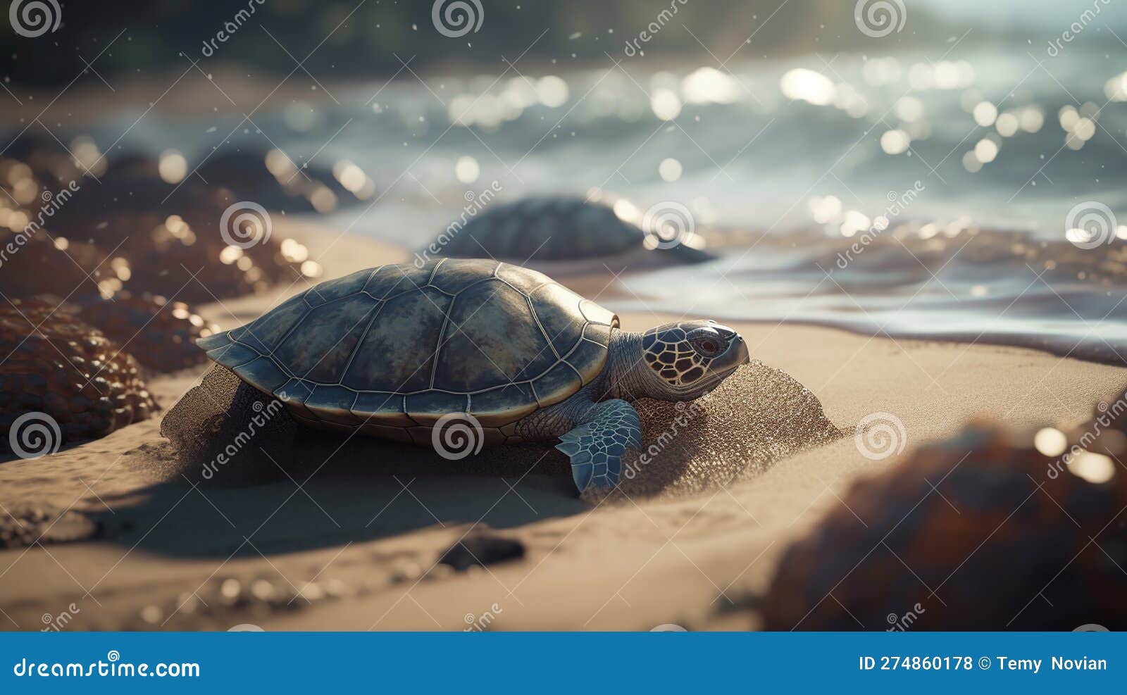 Turtle Running on the Beach To the Sea. Generative AI Stock Photo ...