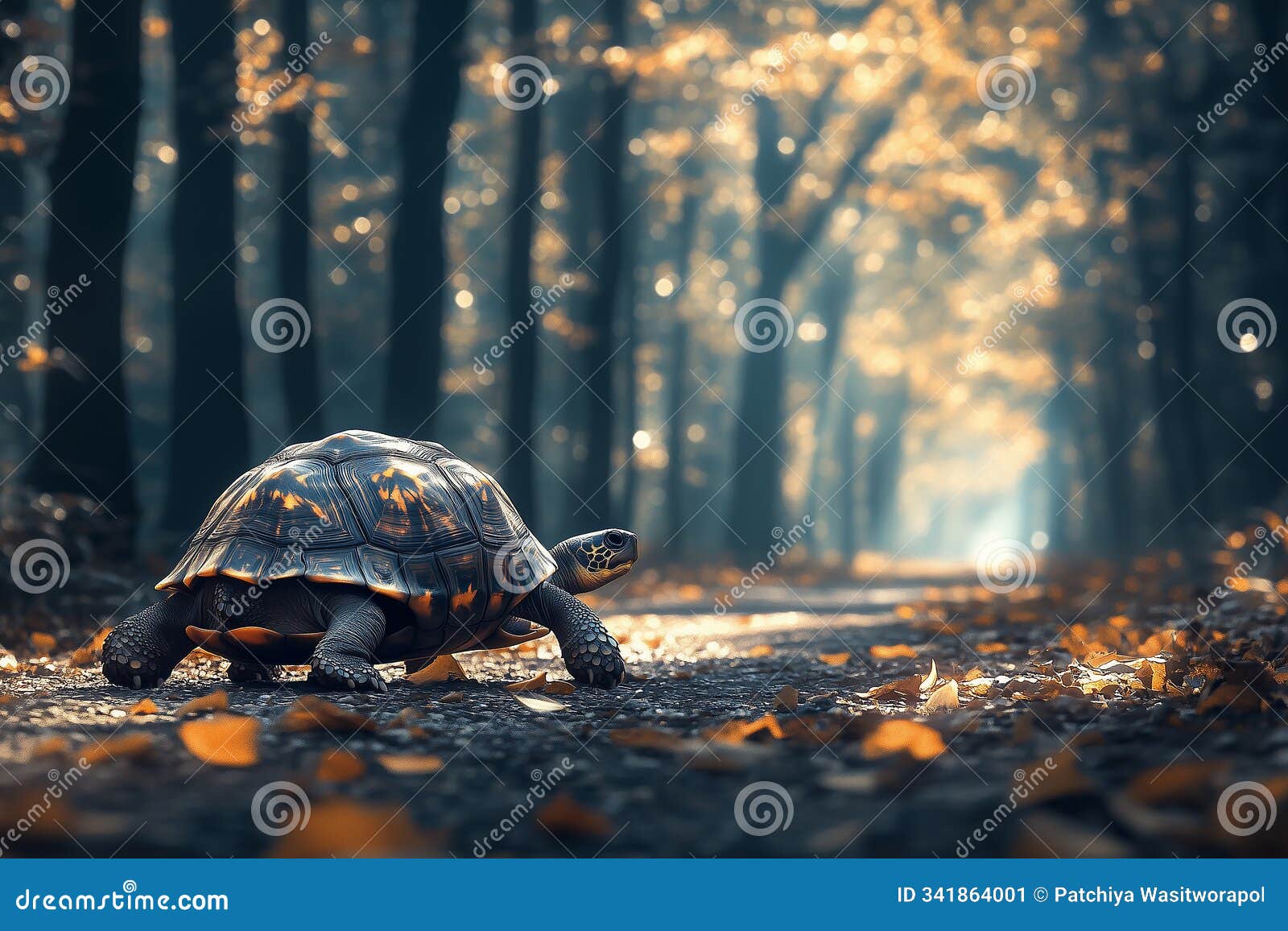 Turtle S Journey on a Forest Path with Light Filtering through the ...