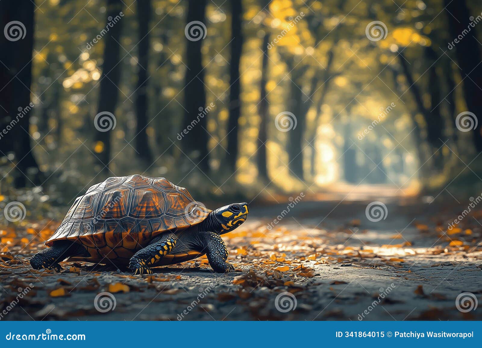 Turtle S Journey on a Forest Path with Light Filtering through the ...