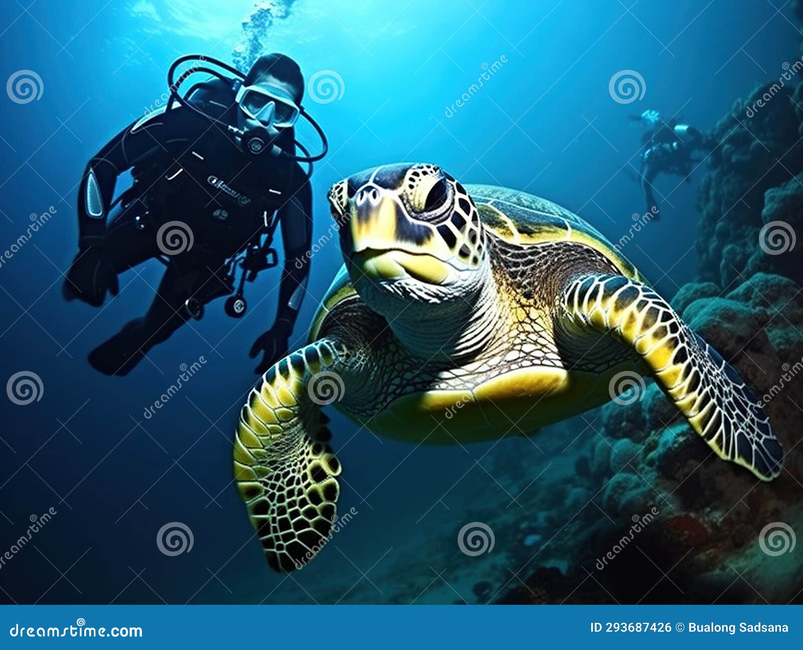 Turtle and Scuba Diver stock illustration. Illustration of protection ...