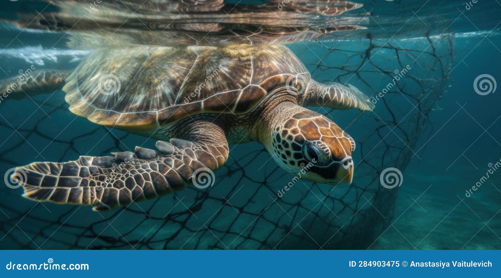 Turtle in the Sea Stuck in Fishnet Stock Illustration - Illustration of ...