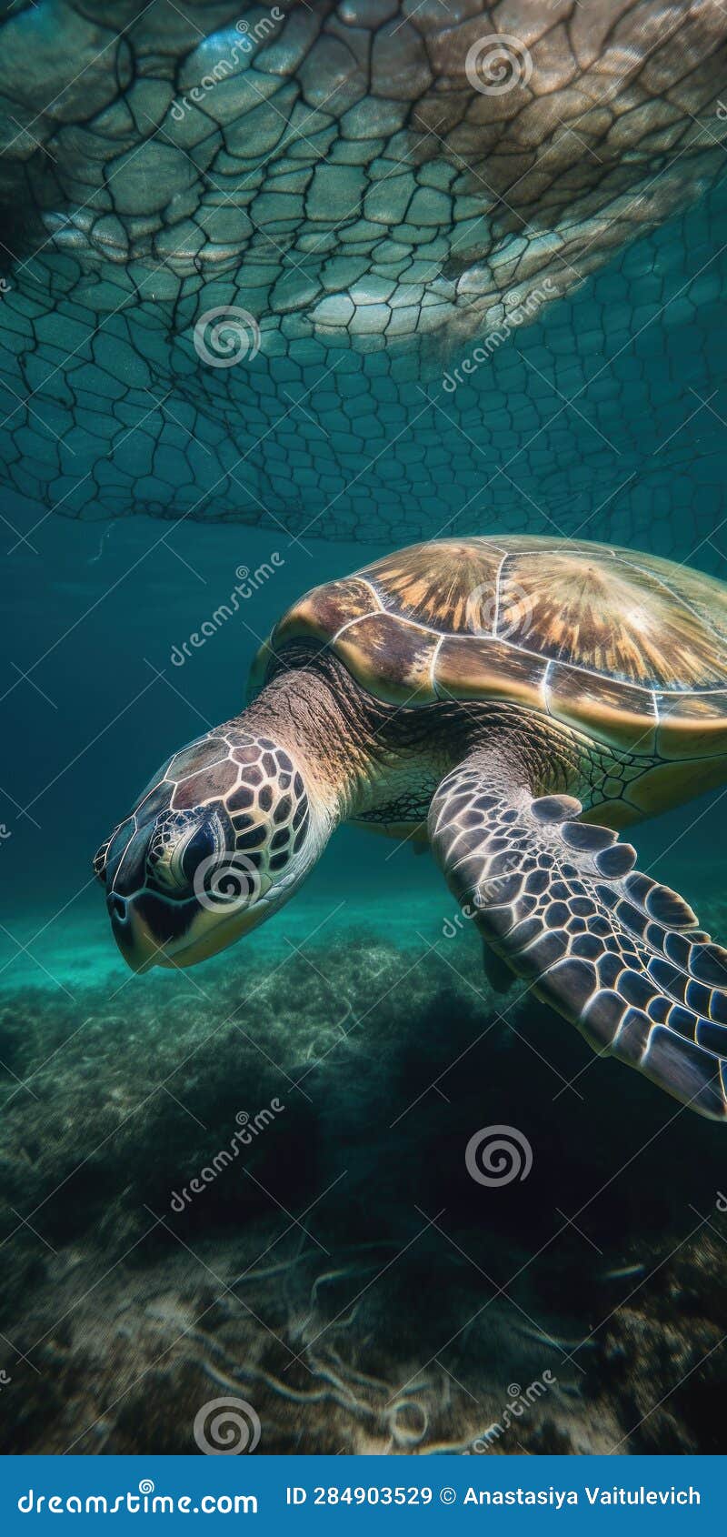 Turtle in the Sea Swimming Under Fishnet. Vertical Banner Stock ...
