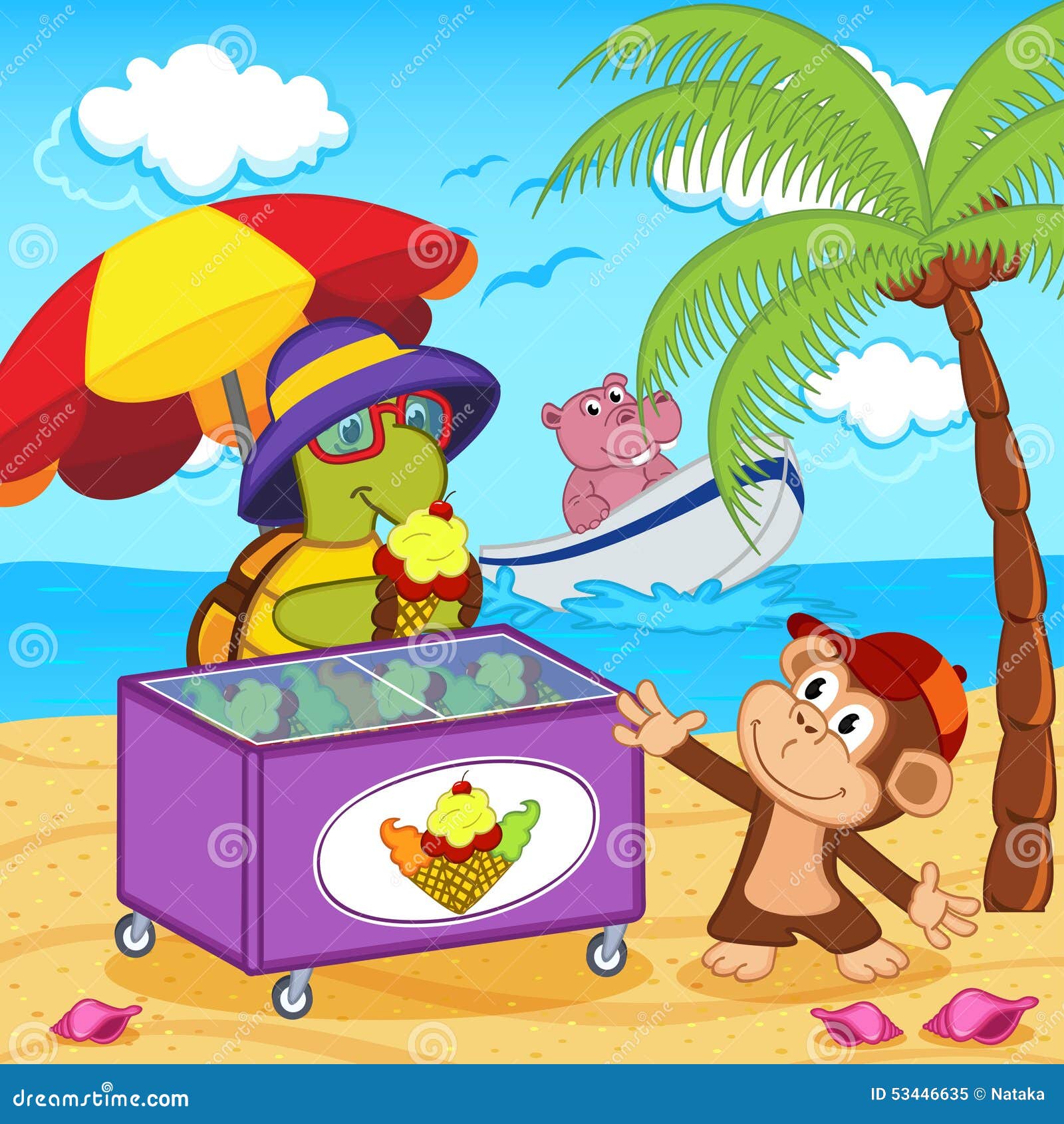 Turtle Sells Ice Cream on Beach Stock Vector - Illustration of sand ...