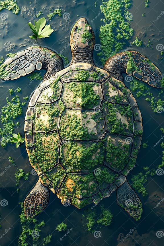 A Turtle Floating on Top of a Body of Water Surrounded by Trees Stock ...