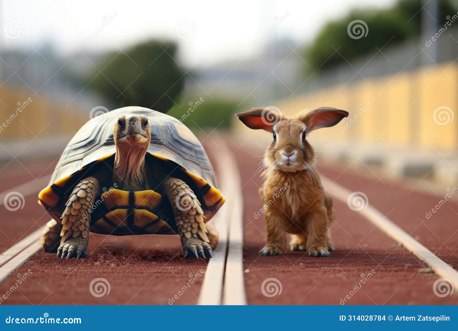 Turtle Sitting on Race Track, a Rabbit Sitting Next To it. Stock Photo ...