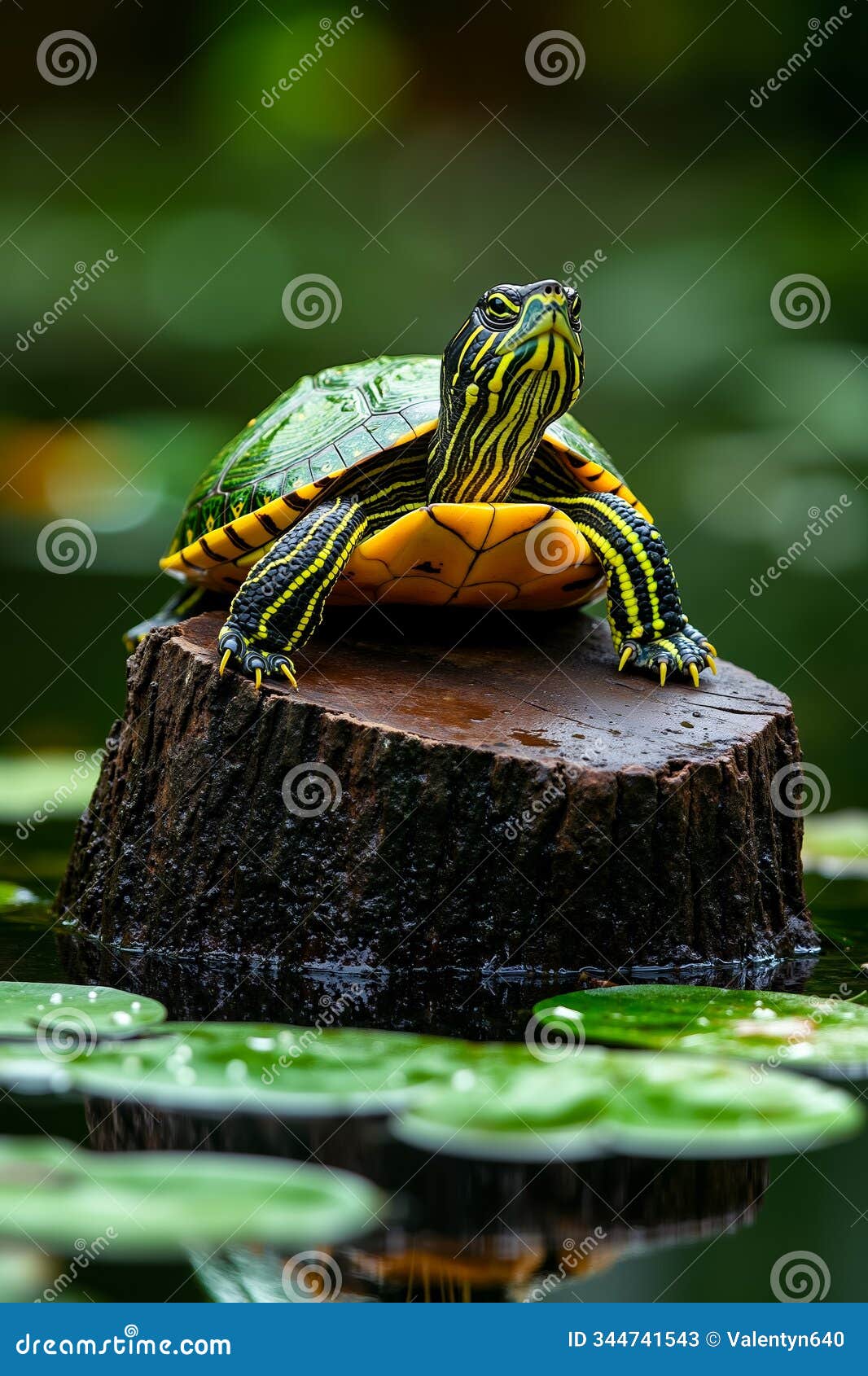 A Turtle Sitting on Top of a Tree Stump in a Pond Stock Illustration ...