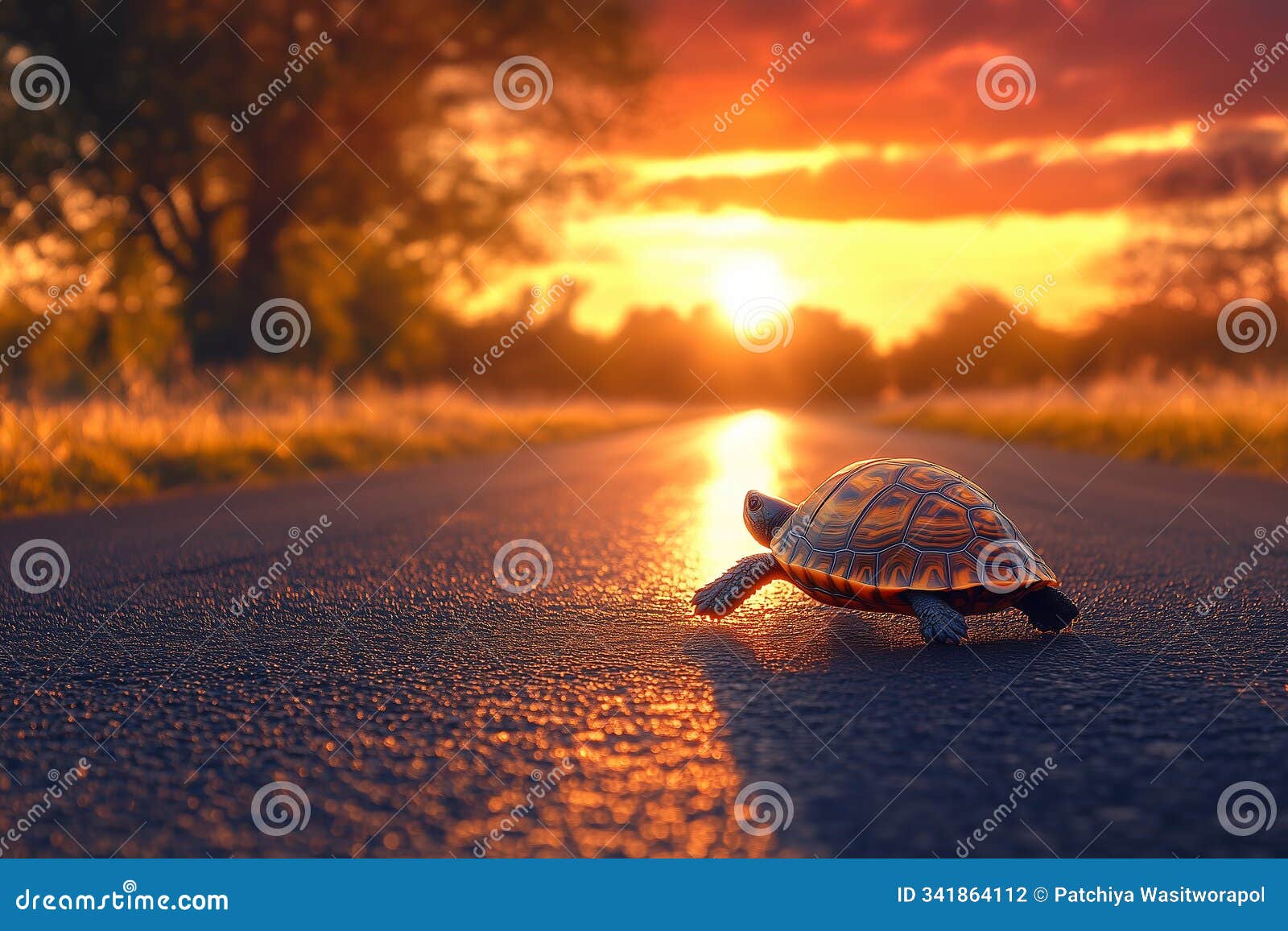 A Turtle Slowly Crossing an Empty Rural Road at Sunrise Stock ...
