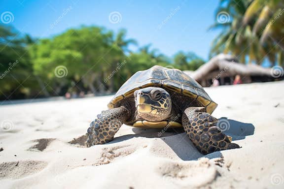 A Turtle Slowly Walking on a Sandy Beach Stock Image - Image of reptile ...