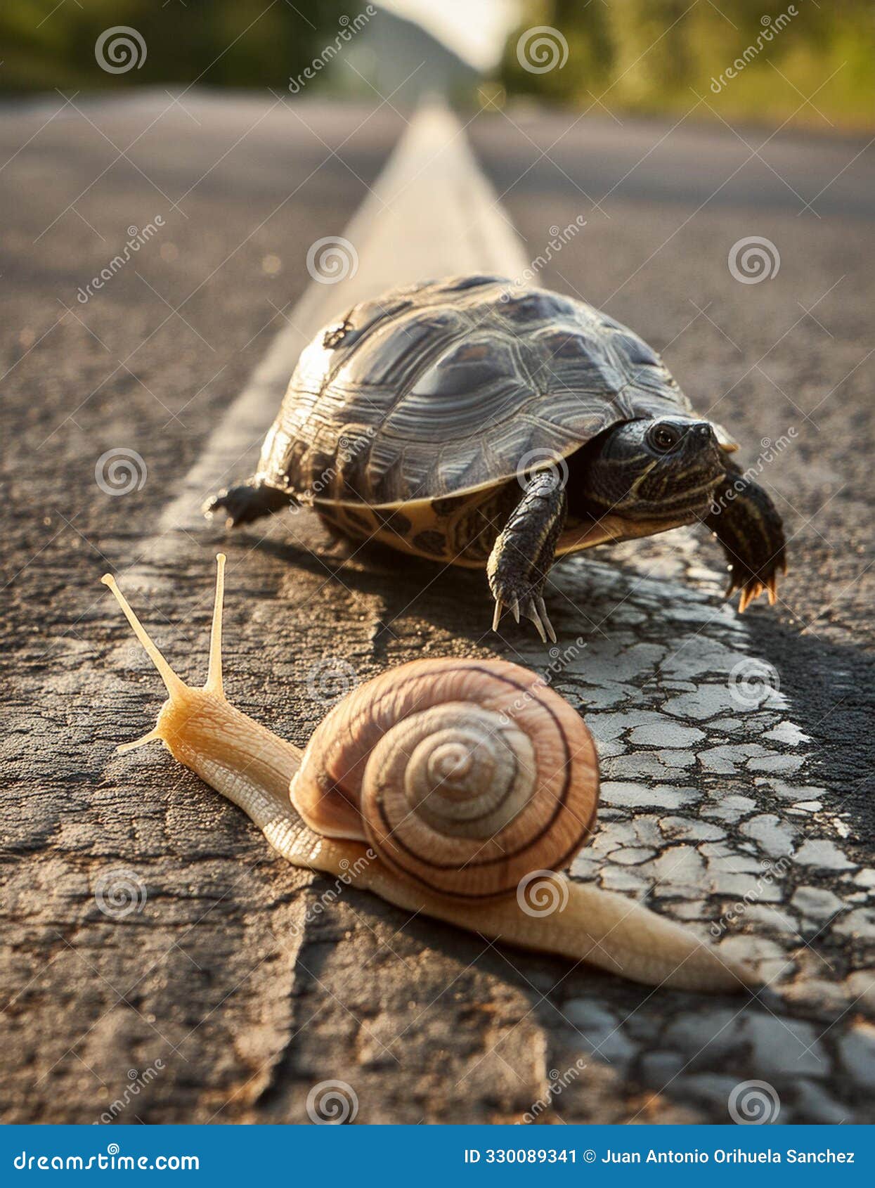 A Turtle and a Snail in the Middle of a Road Stock Image - Image of ...
