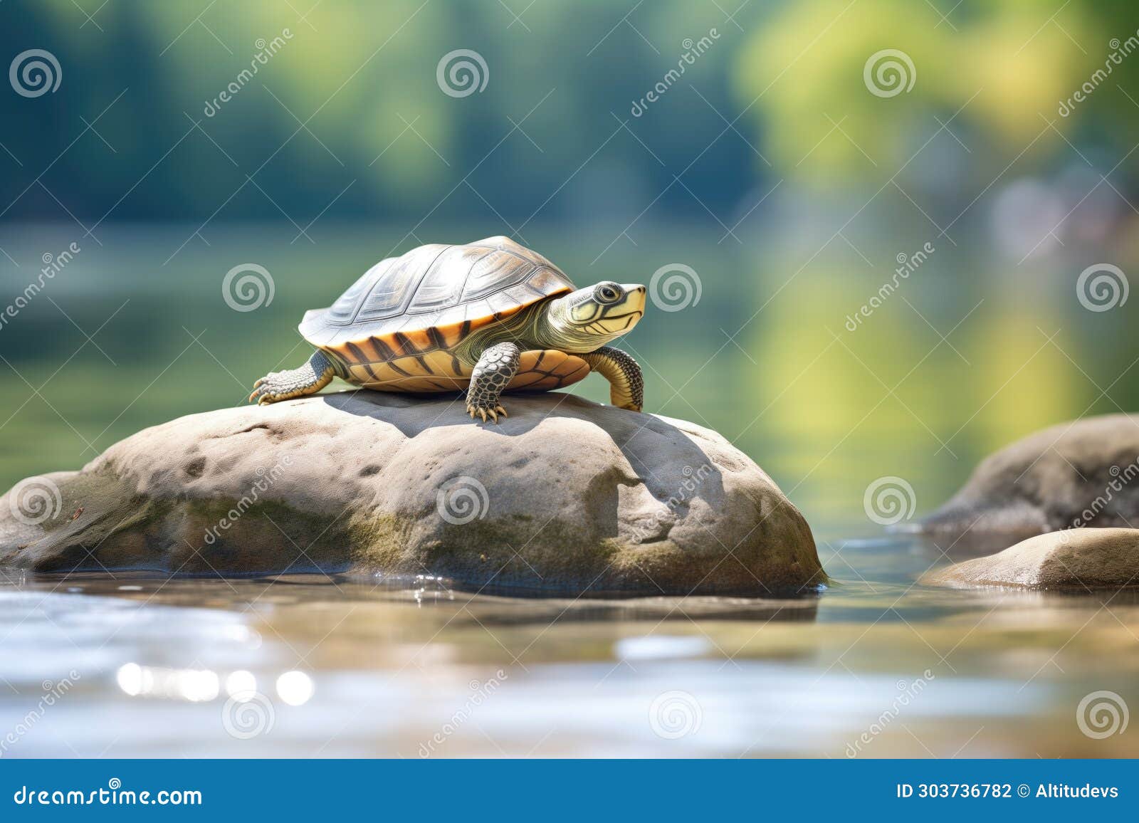 A Turtle Sunbathing on a Riverbank Rock Stock Photo - Image of reptile ...