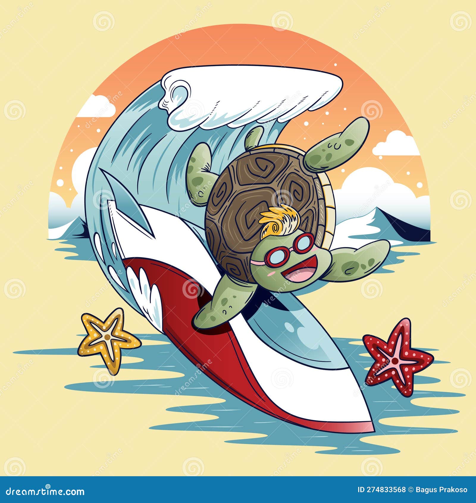 Turtle Surfing with Surfboard and Starfish. Vector Illustration. Stock ...
