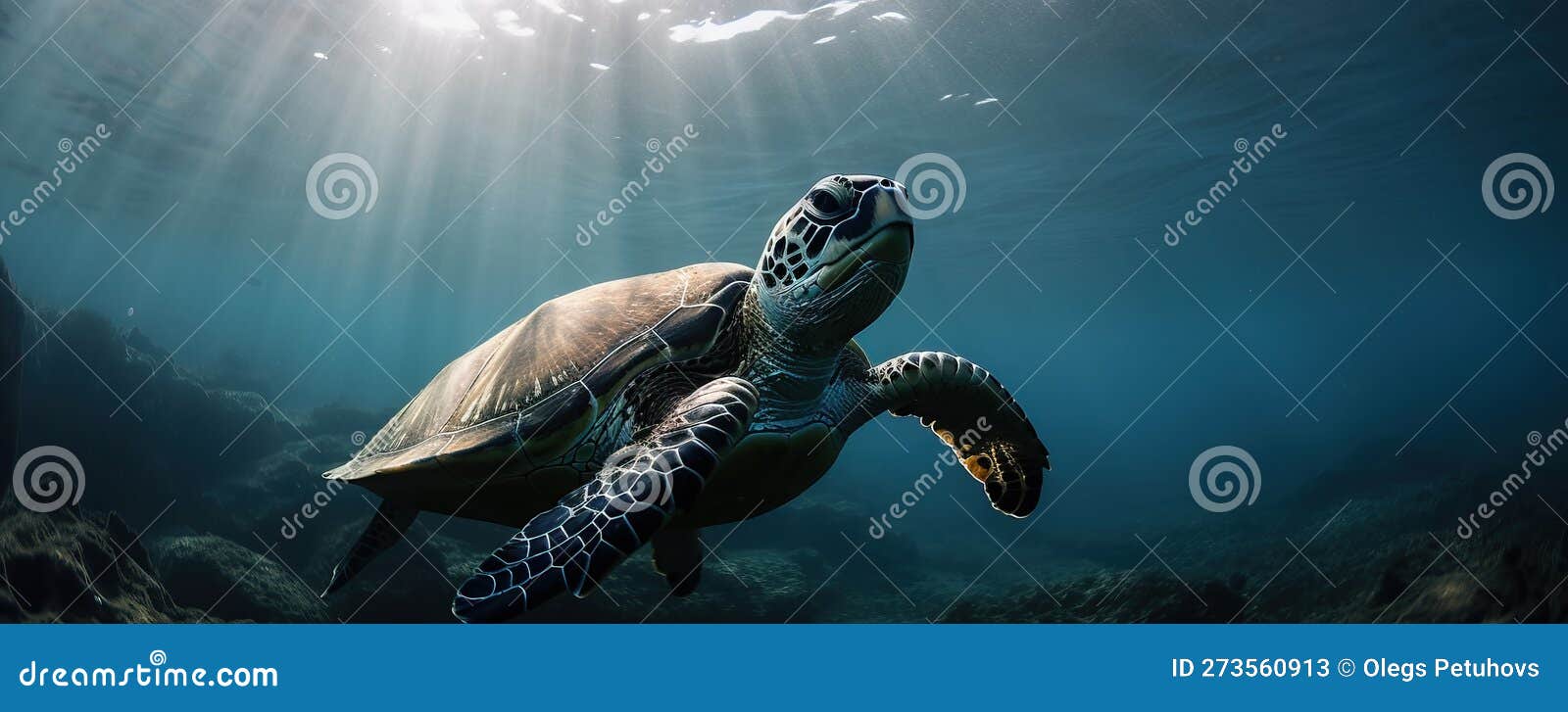 A Turtle Swimming in the Ocean with Sunlight Streaming through the ...