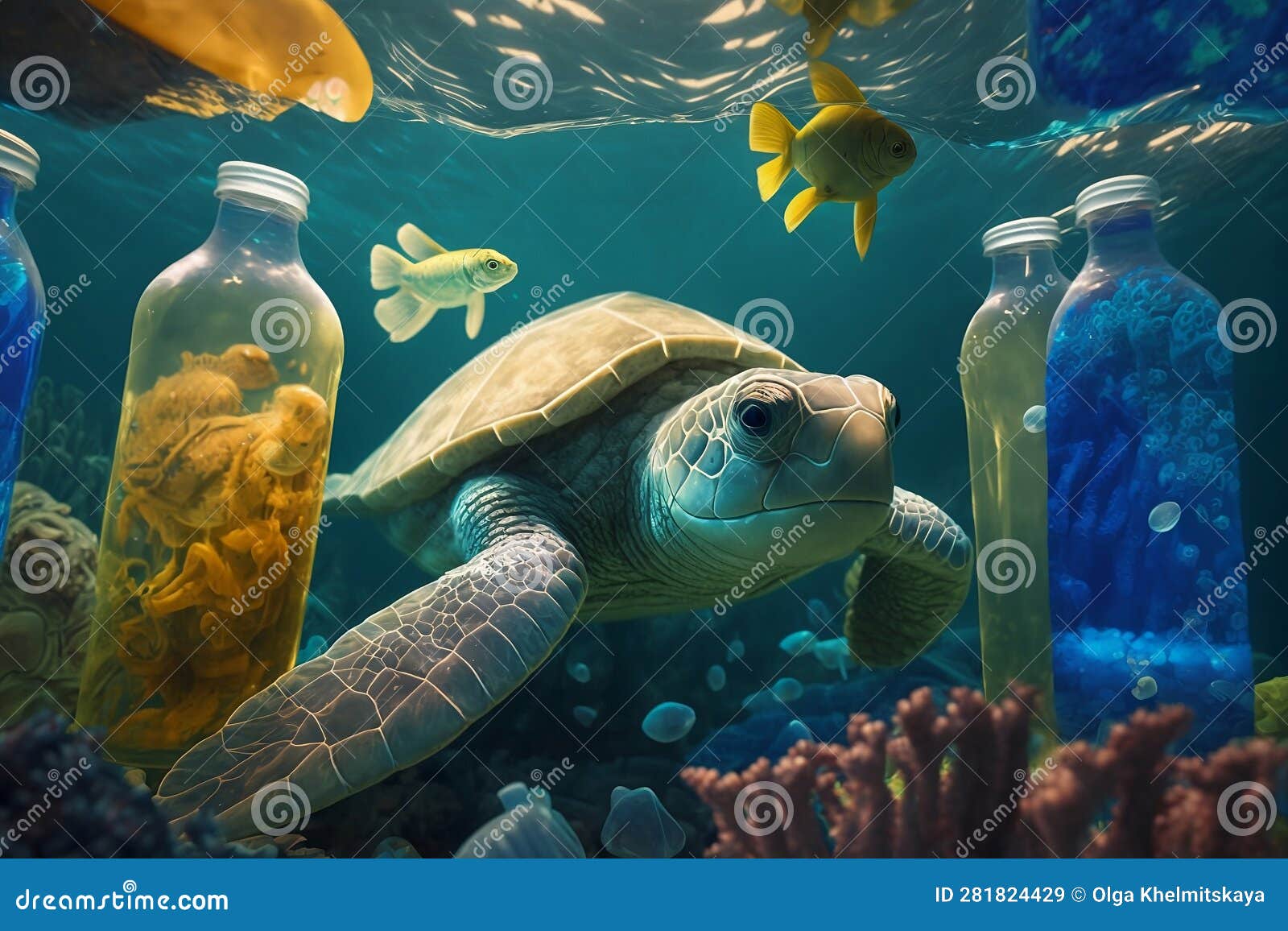 Turtle Swims in Water Polluted with Plastic, Environmental Pollution ...