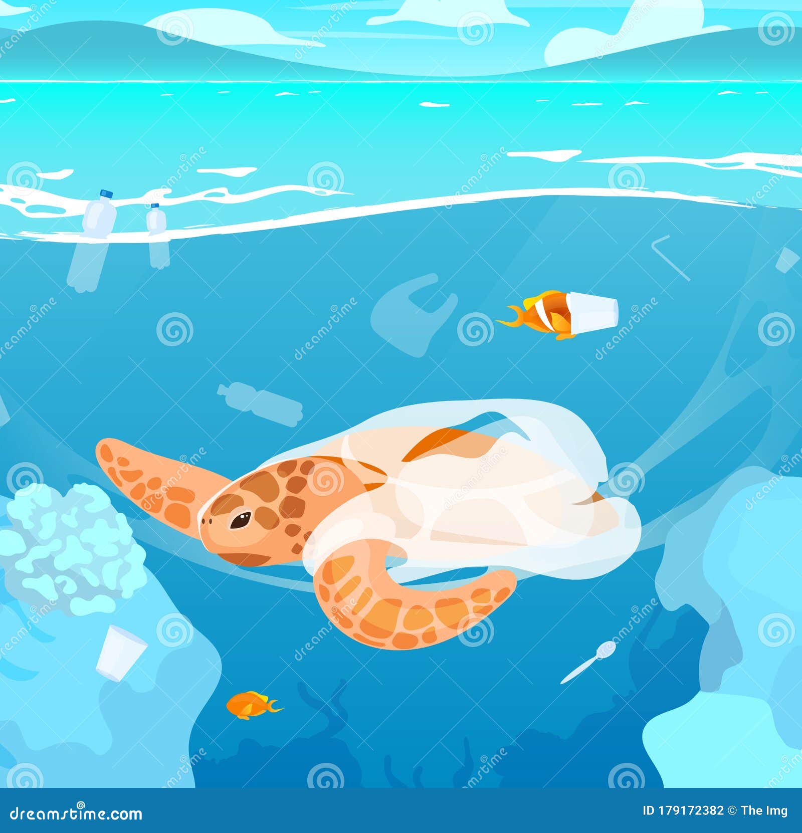 Turtle Trapped in Plastic Garbage Flat Vector Illustration Stock Vector ...