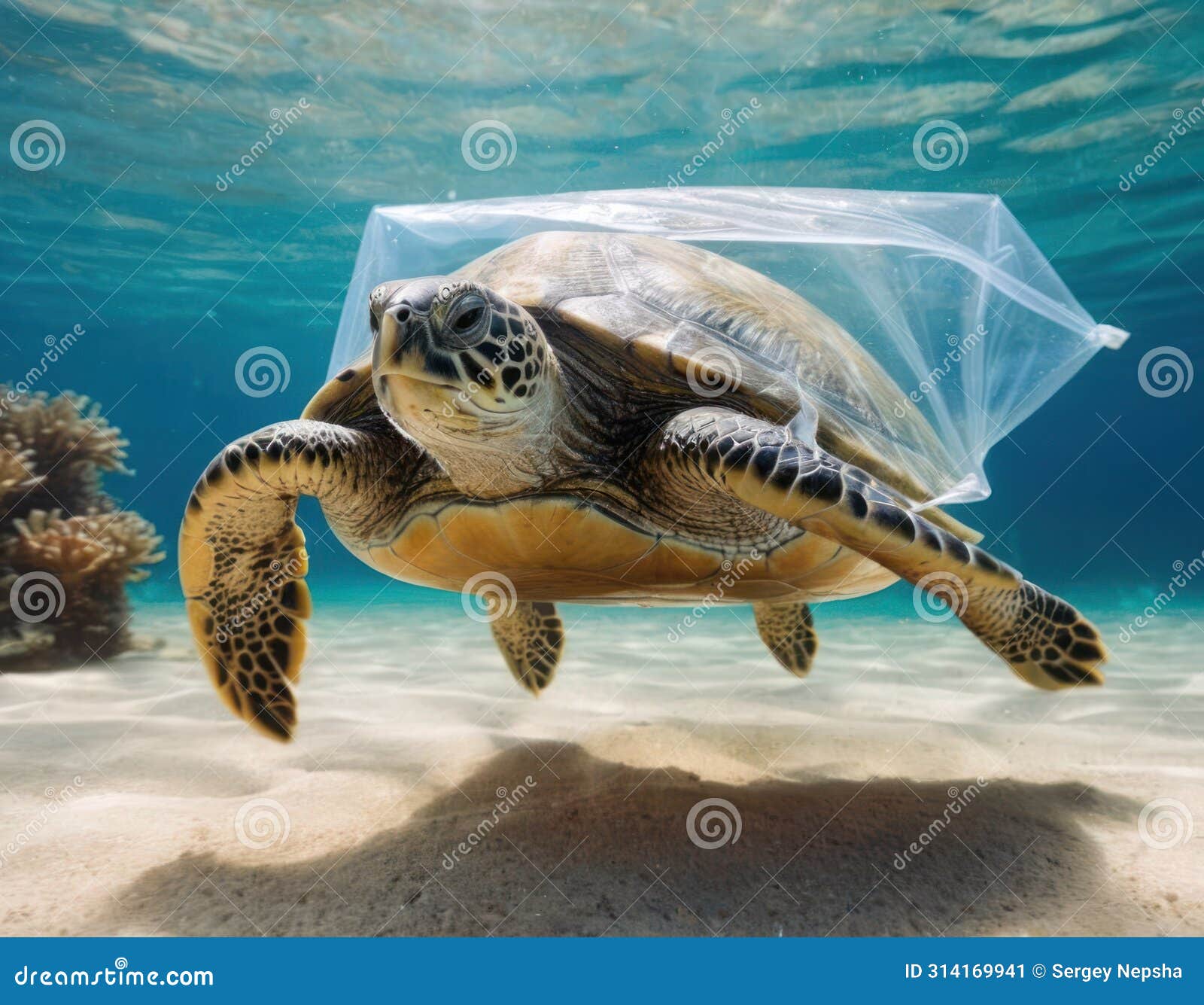 Turtle Under the Sea Next To a Plastic Bag Stock Illustration ...