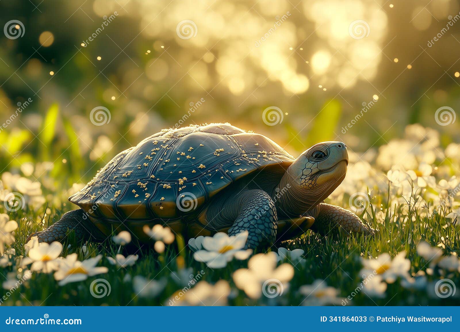 Turtle Walk Slowly on Grassy Field in Sunrise Stock Illustration ...