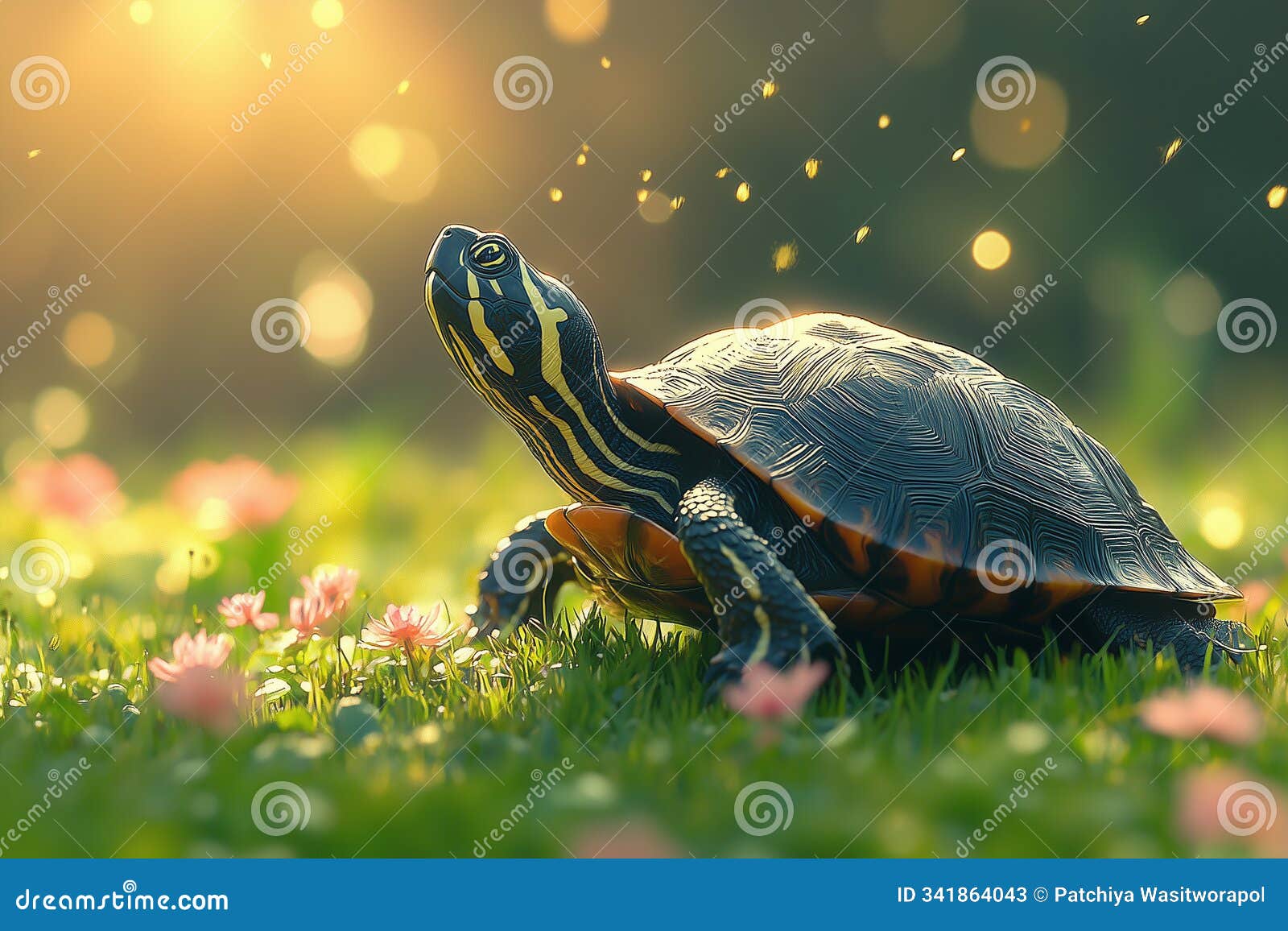 Turtle Walk Slowly on Grassy Field in Sunrise Stock Illustration ...