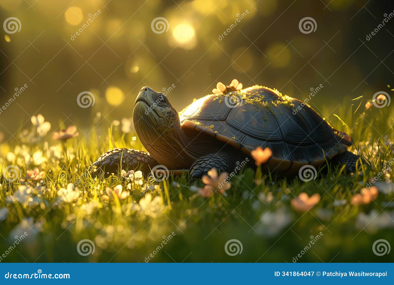 Turtle Walk Slowly on Grassy Field in Sunrise Stock Illustration ...