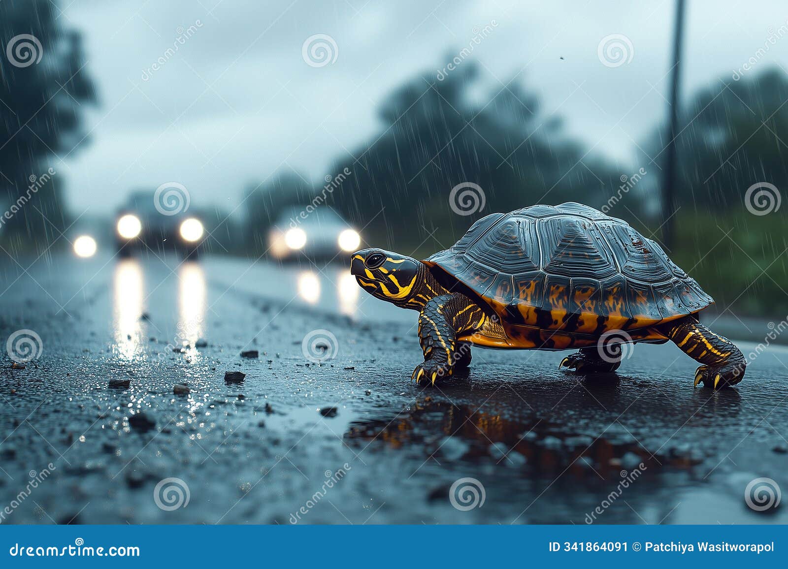 Turtle Walking Across a Paved Road during a Light Rain Shower, with ...