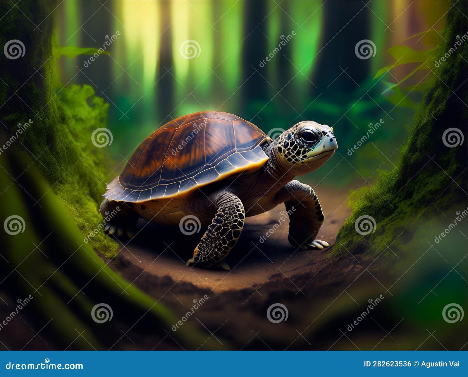 Turtle Walking in a Path Surrouded of Trees Stock Illustration ...
