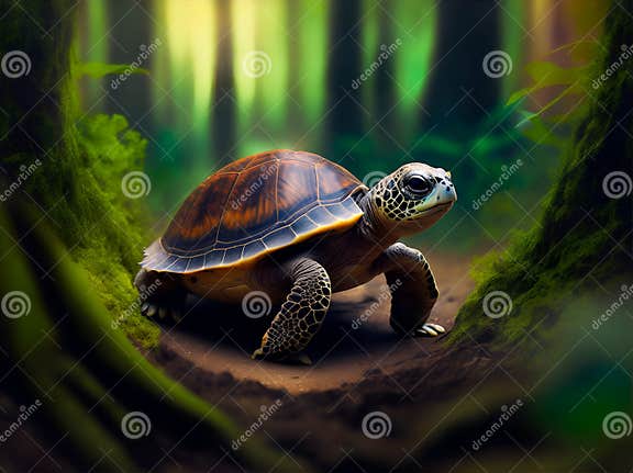 Turtle Walking in a Path Surrouded of Trees Stock Illustration ...