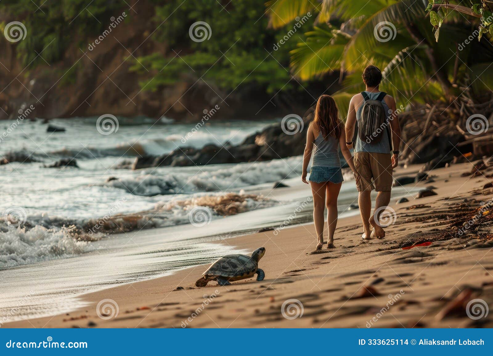 A Turtle Walks Along the Beach with a Couple in Love Stock Photo ...