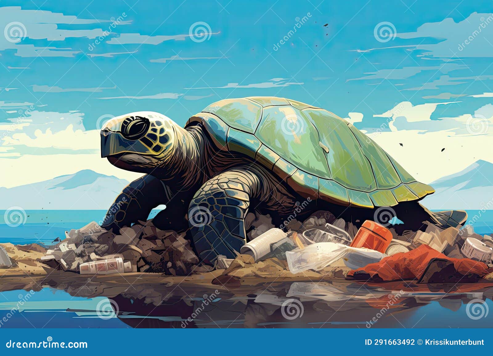 Turtle between Waste on the Beach AI Generated Stock Illustration ...