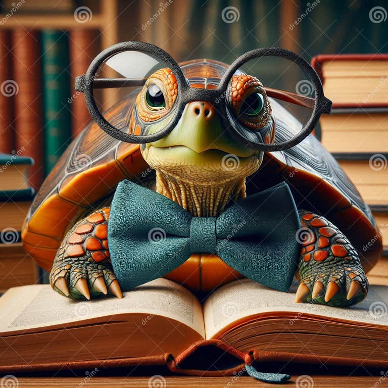 A Turtle Wearing Oversized Glasses and a Huge Bow Tie, Looking Studious ...