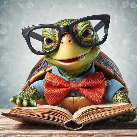 A Turtle Wearing Oversized Glasses and a Huge Bow Tie, Looking Studious and Holding a Giant Book ...