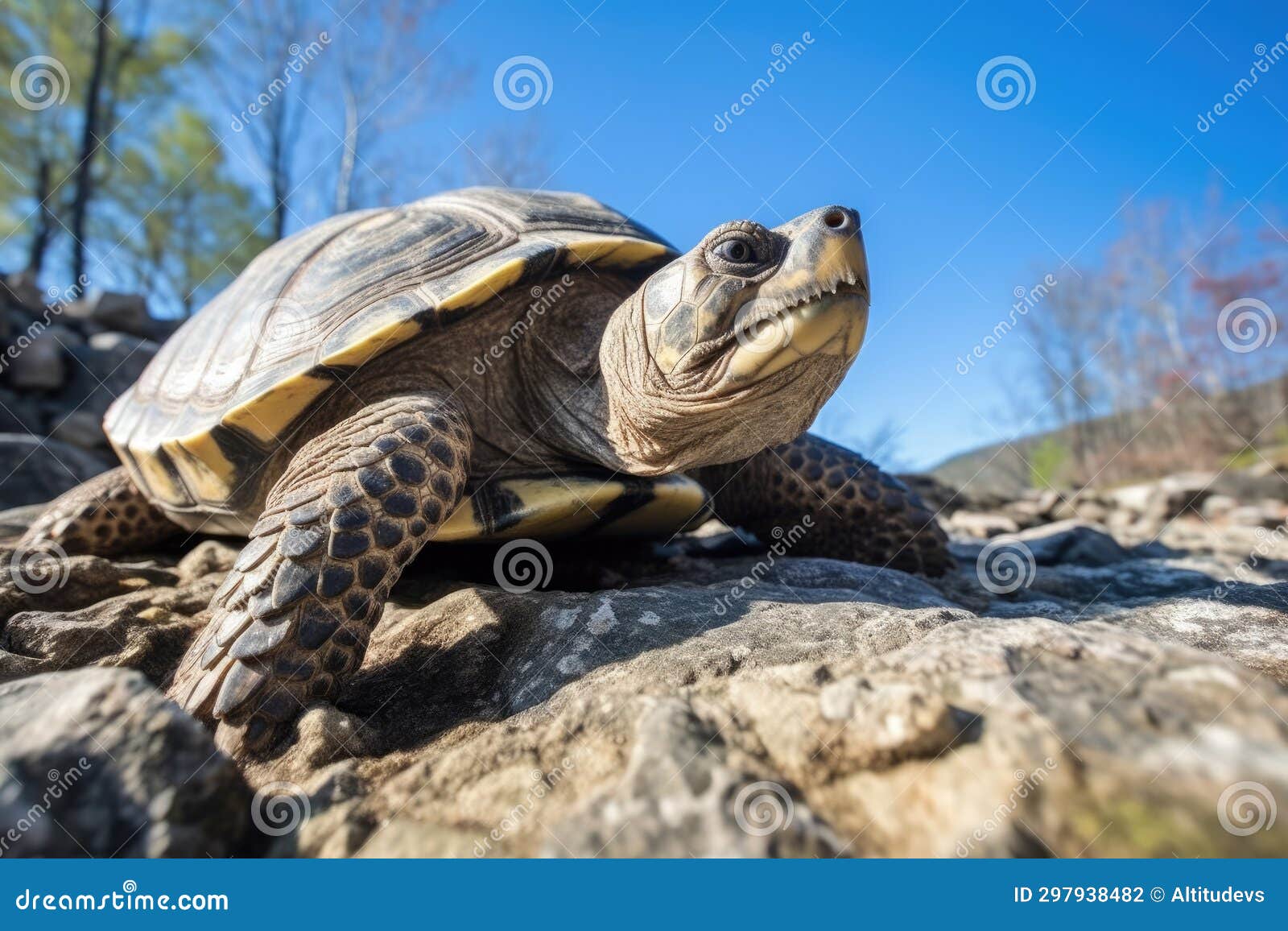 Turtle Withdrawing into Its Shell on a Rocky Terrain Stock Photo ...